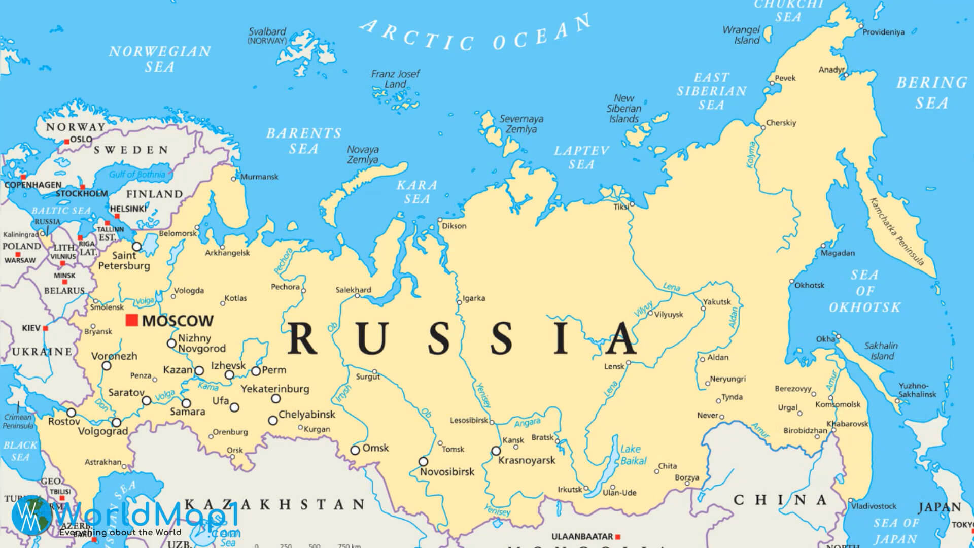 Carte de la Russie avec des rivieres et des lacs