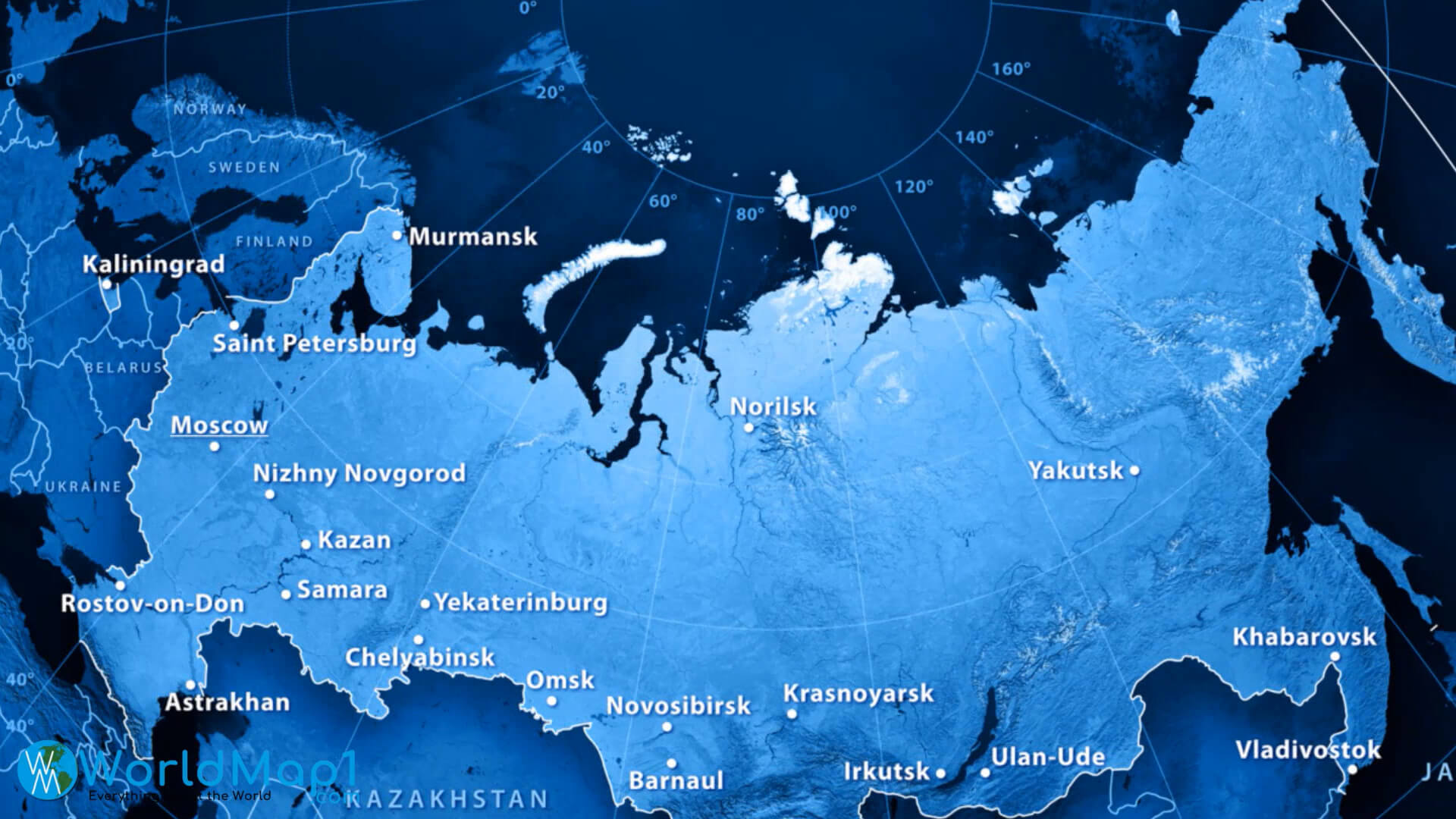 Carte de la Russie avec des rivieres et des lacs