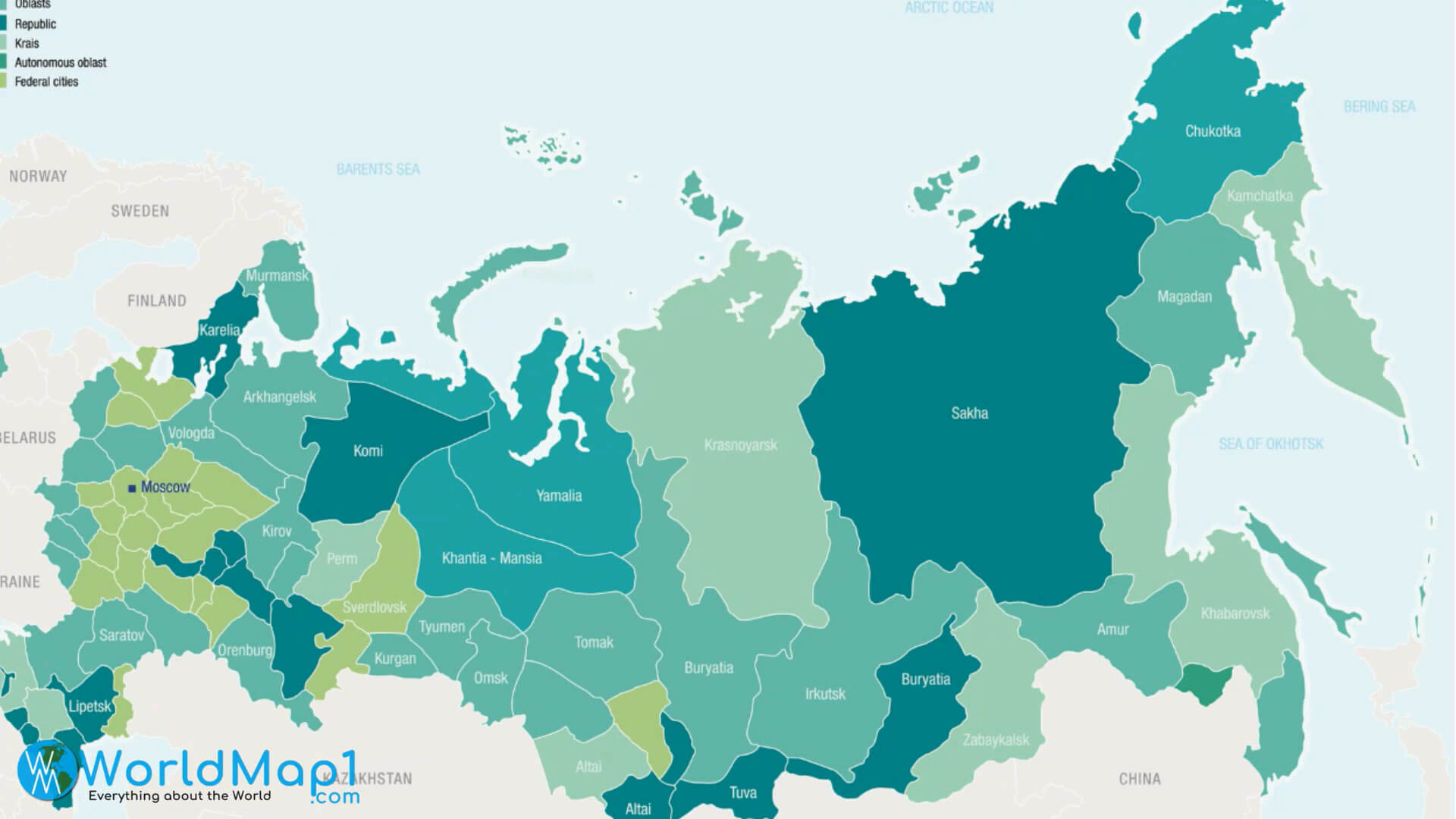 Carte de la Russie avec des rivieres et des lacs