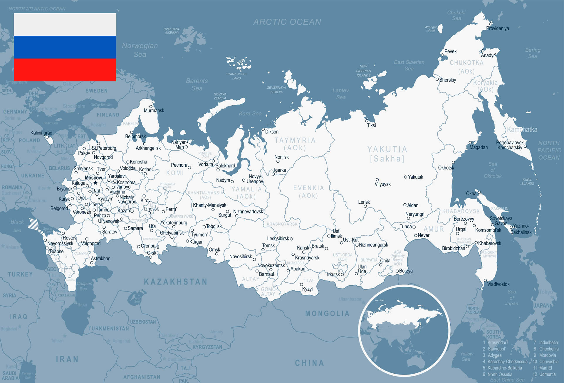 Carte de la Russie avec des rivieres et des lacs