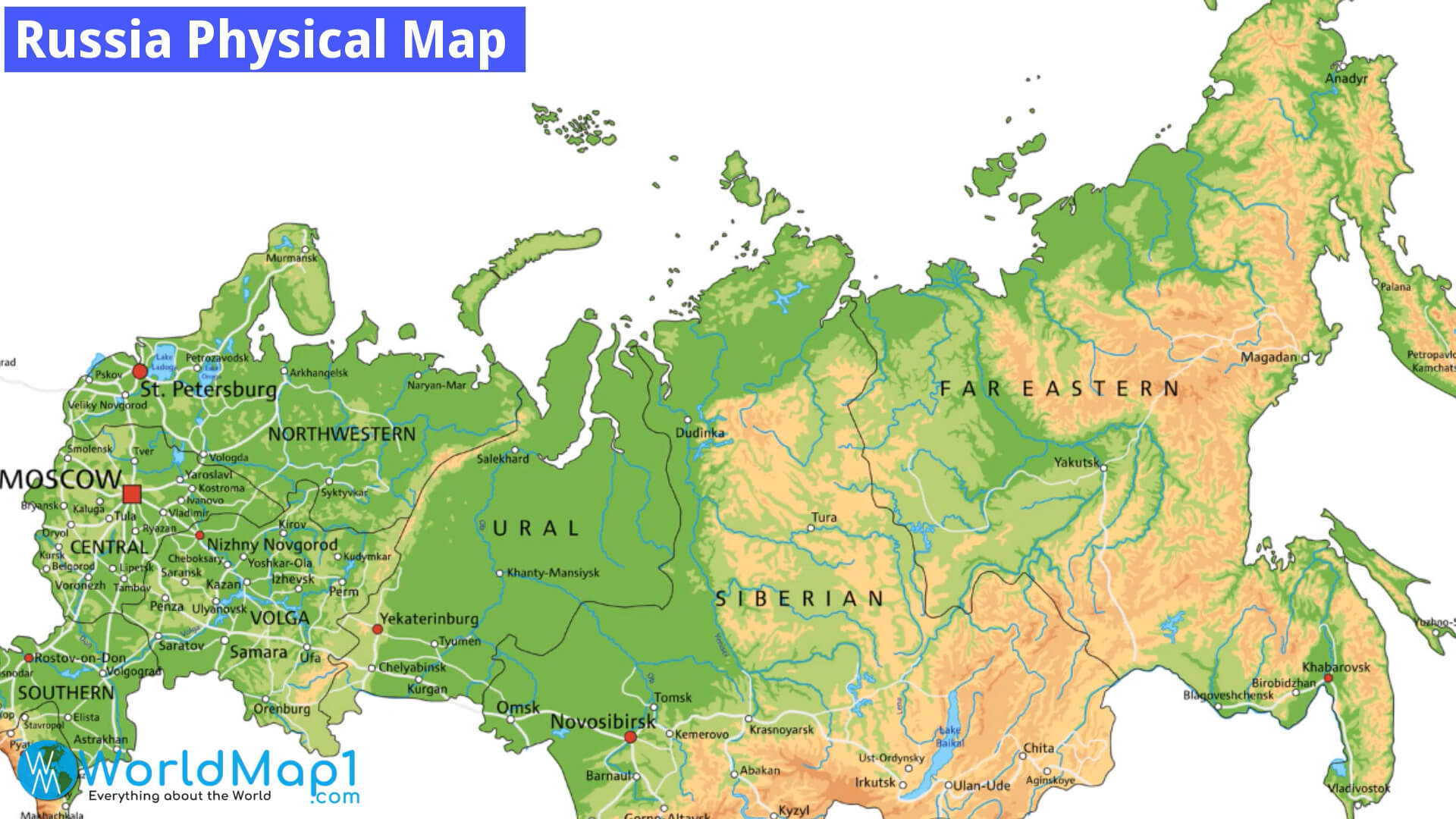 Carte de la Russie avec des rivieres et des lacs