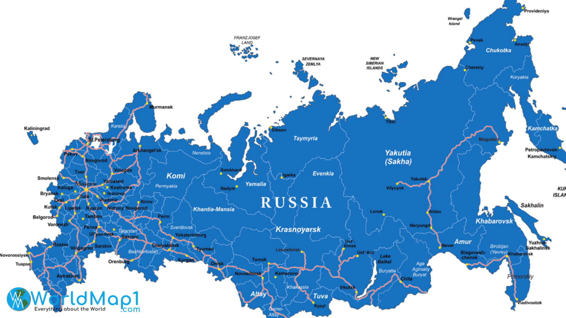 Carte de la Russie avec des rivieres et des lacs
